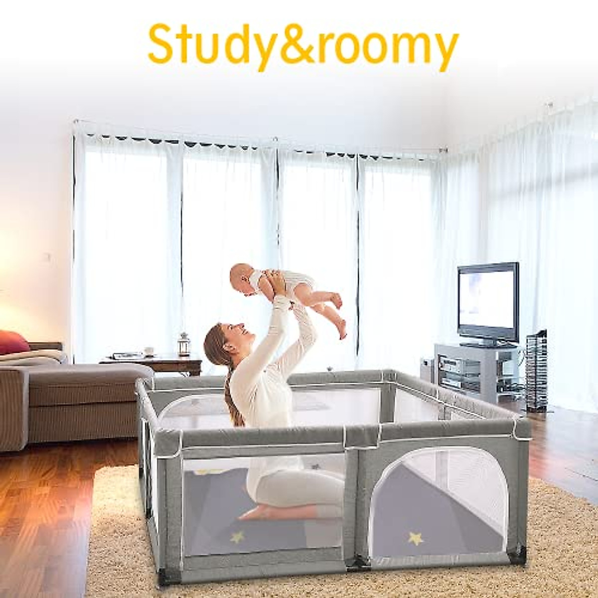 YOBEST Baby Playpen, Infant Playard with Gates, Sturdy Safety Playpen with Soft Breathable Mesh, Indoor & Outdoor Toddler Play Pen Activity Center for Babies, Kids, Toddlers Dark Grey