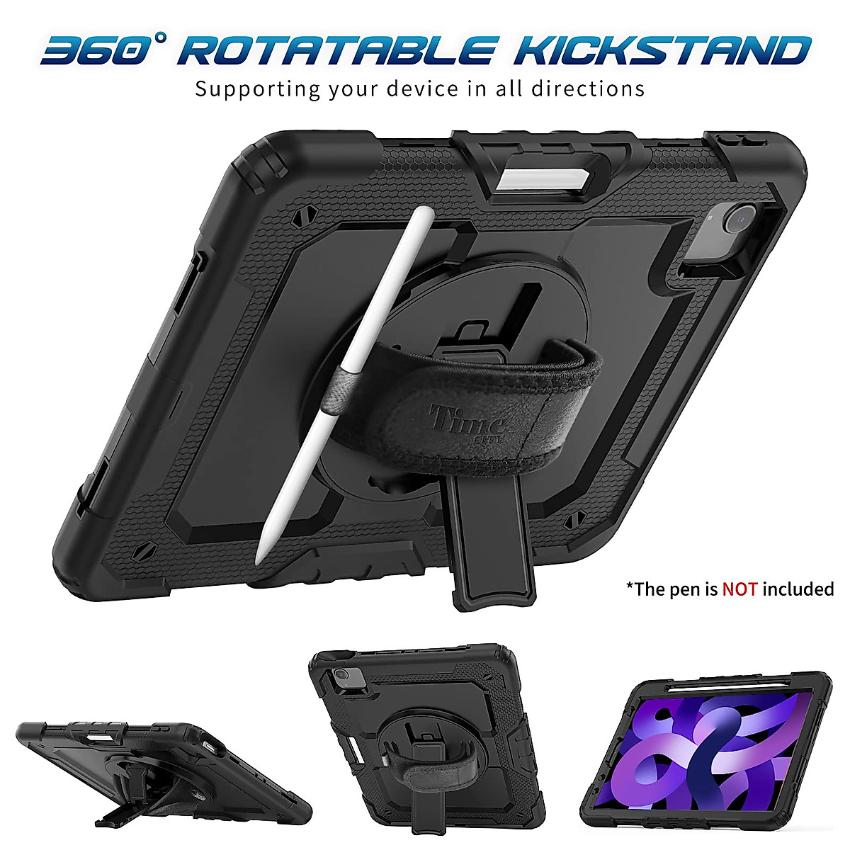 Timecity Case for iPad Air 5th Generation 2022/ for iPad Air 4th Generation 2020-10.9 inch, Durable Sturdy Protection Case with Pencil Holder Screen Protector [360 Rotating Stand] Hand Strap- Black