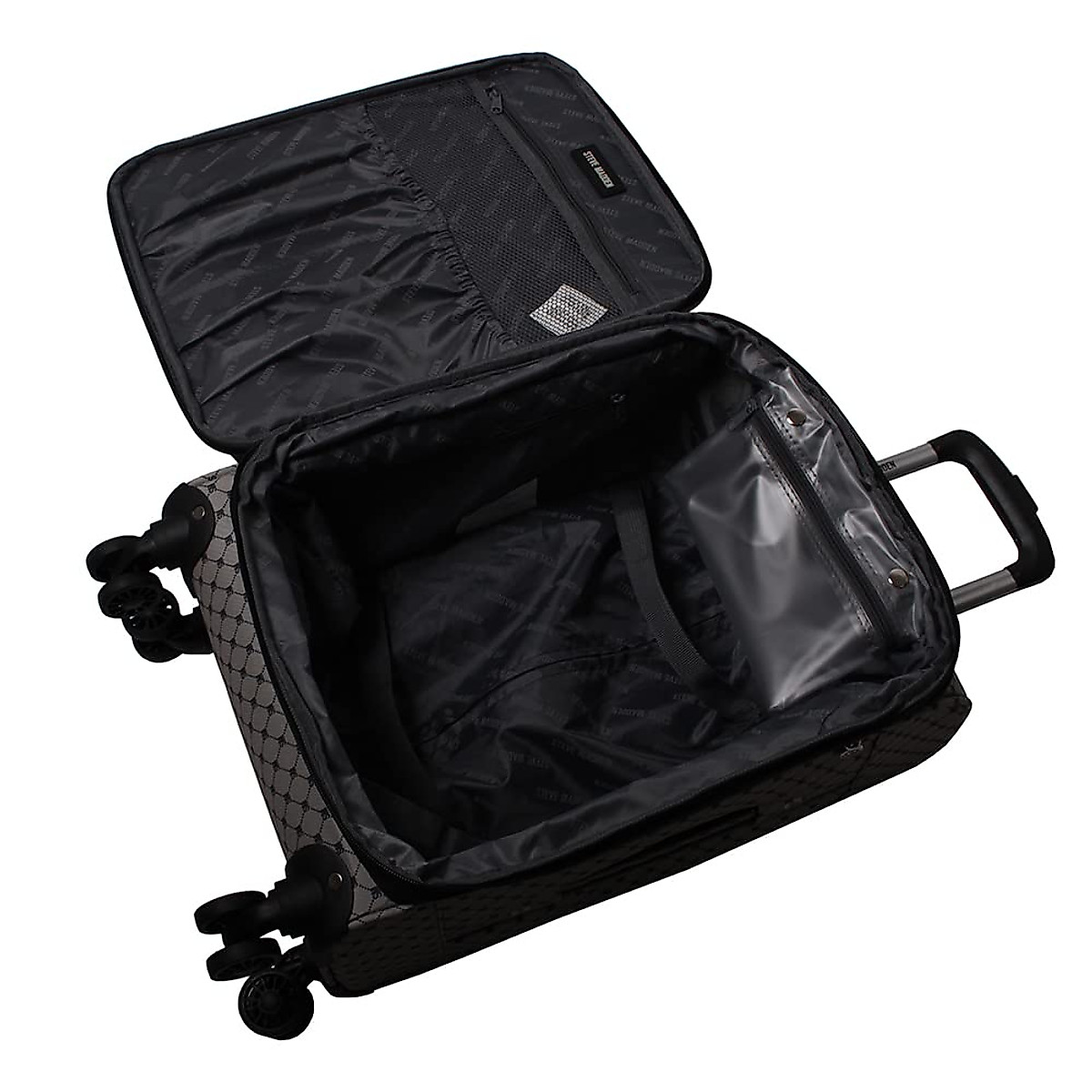 Steve Madden Designer Luggage - Checked Large 28 Inch Softside Suitcase - Expandable for Extra Packing Capacity - Lightweight Bag with Rolling Spinner Wheels (Noble Black/Grey, 28in)