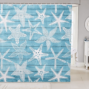 Coastal Sea Creature Shower Curtains,Farmhouse Blue Wooden Stripes Bath Curtain,Starfish Cloth Fabric Bathroom Decor Set with Hooks,78" Long