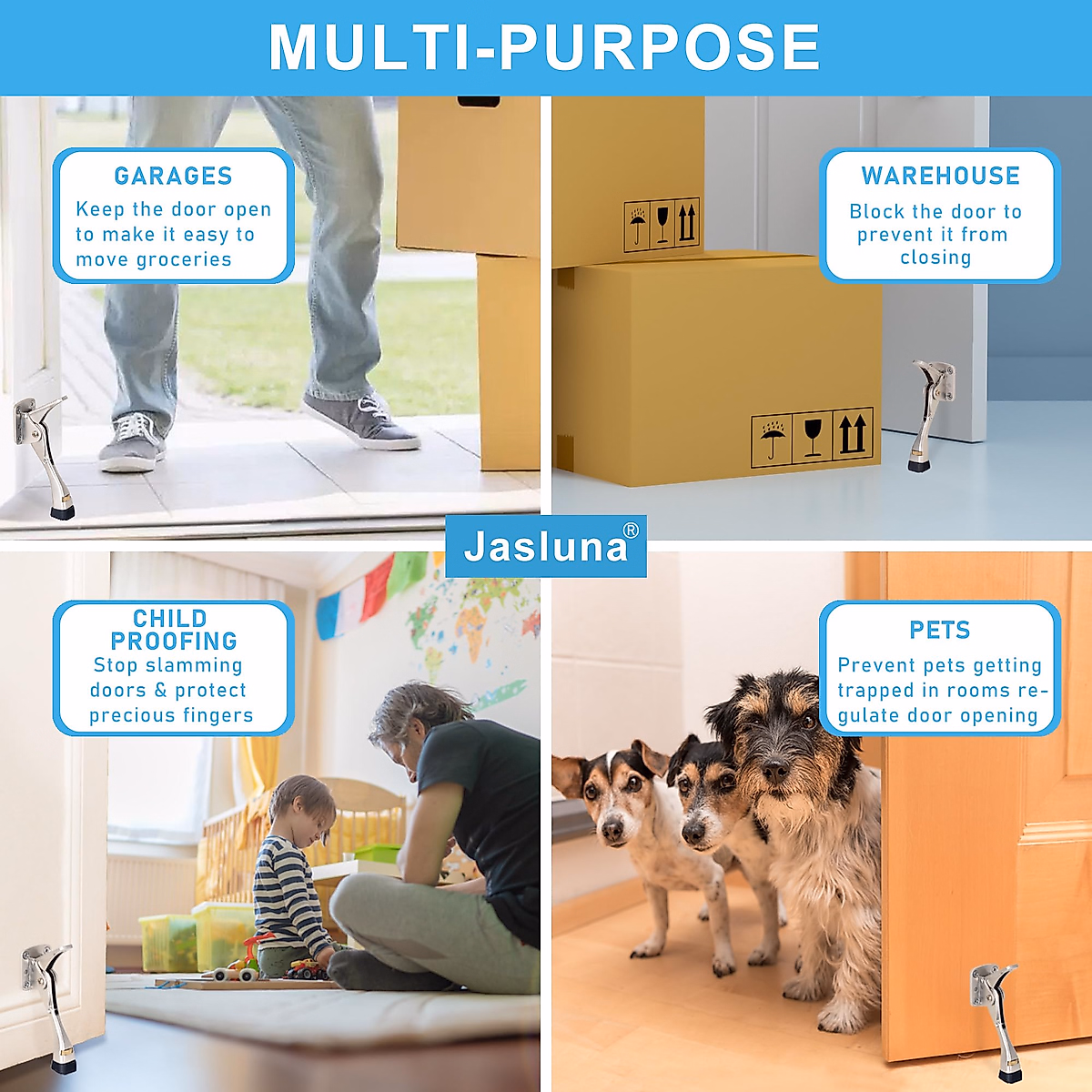 Jasluna Kickdown Door Stopper, 2-Pack Door Holder to Keep Door Open, 4-inch Commercial Heavy Duty Door Stoppers, One Touch Height-Adjustable Rubber Tips, Satin Nickel