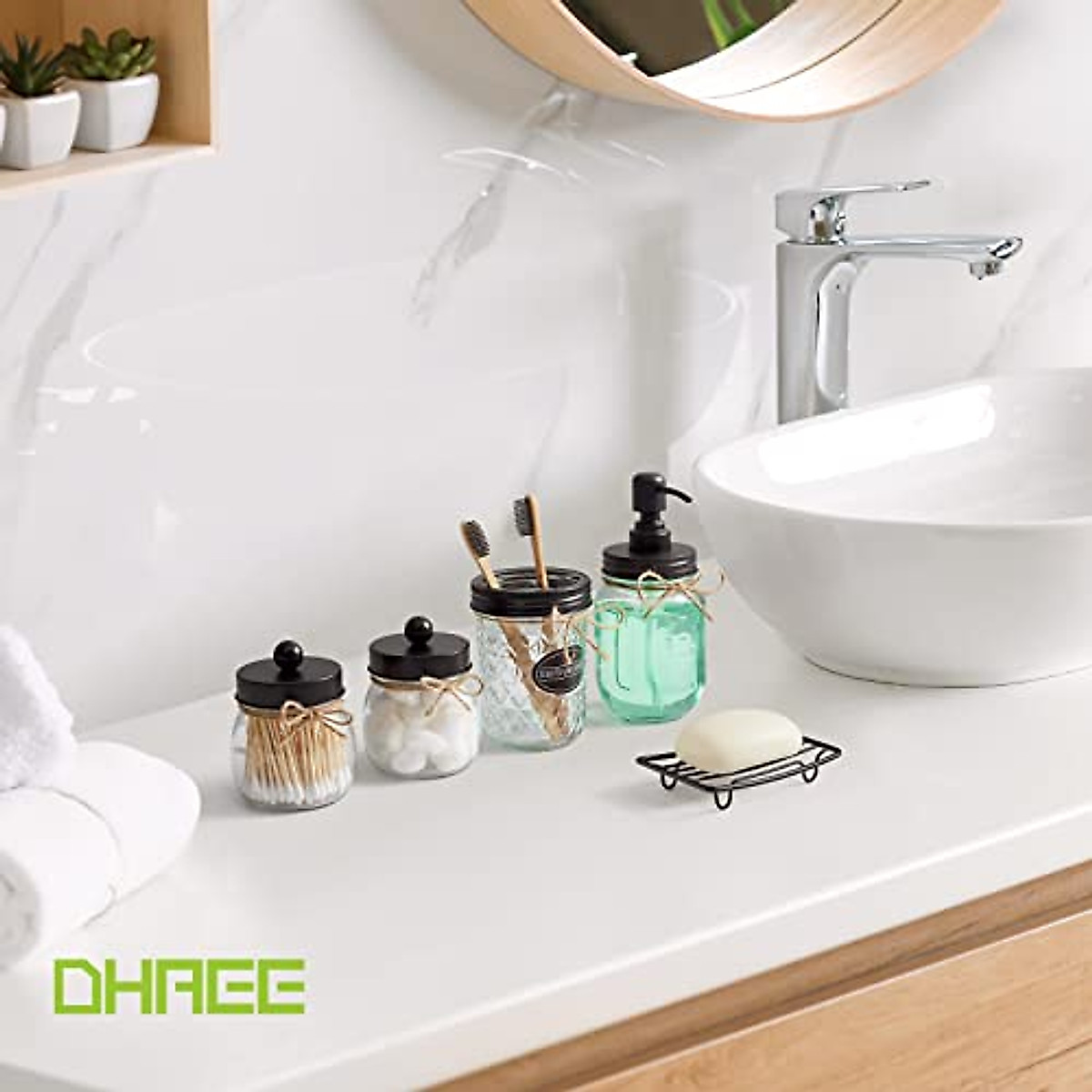 DHAEE Mason Jar Bathroom Accessories Set(6PCS) - Soap Dish,Apothecary Jar Canisters,Toothbrush Holder,Lotion Soap Dispenser,Metal Wire Storage Organizer Basket,Home,Farmhouse,Rustic Decor（Black）