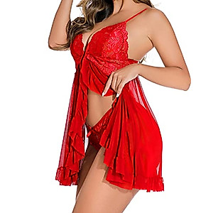 LNRFHI Women Lingerie Front Closure Babydoll Lace Chemise V Neck Ruffle Nightgown Sexy Sleepwear(Red Large)