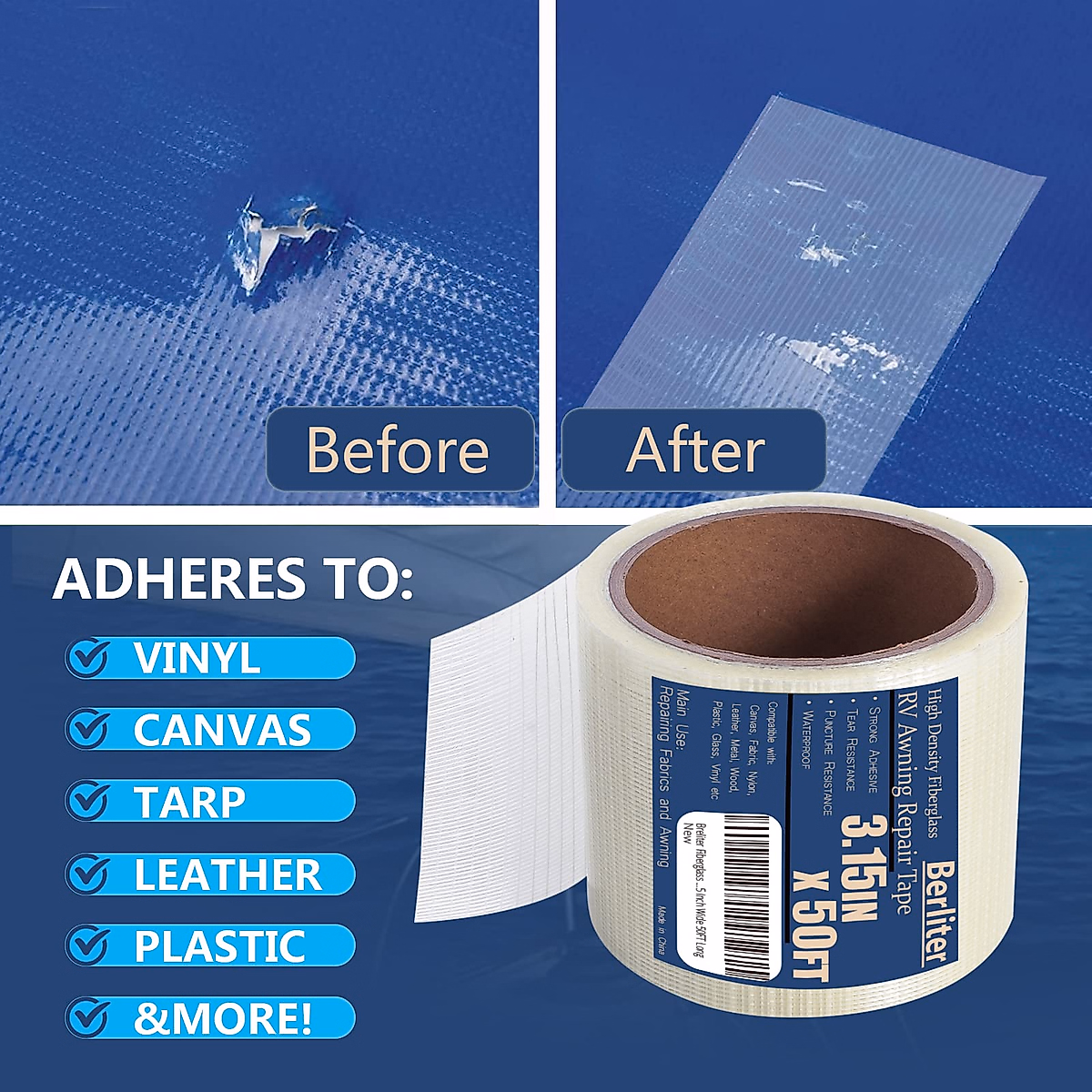 Breliter Fiberglass RV Awning Repair Tape - Repair Tape for Canvas, Tent Repair Tape for Tarp, Boat Covers, Sail, Tear Repair Patch Kit, Heavy Duty and Waterproof - 3.15 Inch Wide 50FT Long