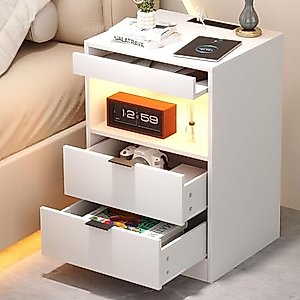 Yusong Night Stand, Bedside Table, LED Nightstand with Charging Station, Modern Night Stand White,Wood Sofa Couch End Side Table with 2 Pull-Out Shelf