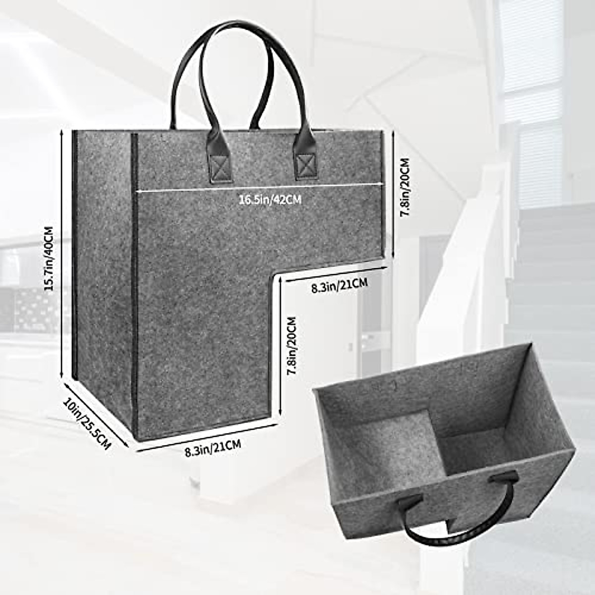 SMFANLIN 2Pcs Foldable L-Shape Stair Basket Organizer, Folding Fabric Staircase Storage Organizer with Faux Leather Handles, Large Stair Tidy Basket Bin for Laundry, Toys, Household Items