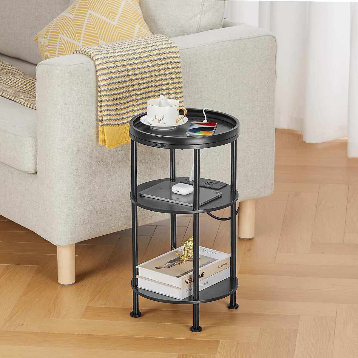 Small Round Side Table with Charging Station for Small Spaces, 3-Tier Round Accent Table with USB Ports & Power Outlets,Round Corner Table Tea Sofa Side Table for Living Room Bedroom Apartment (Black)
