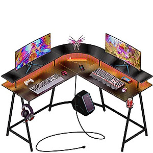 SUPERJARE L Shaped Gaming Desk with Power Outlets & LED Lights, Carbon Fiber Surface, Computer Desk with Monitor Stand, Home Office Desk Corner Desk with Cup Holder & Hooks, Black