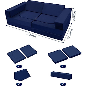 MeMoreCool Modular Kids Play Couch, 10 Piece Foam Lounge Sofa for Playroom, Large Toddler Bed and Block Couch for Boys, Navy