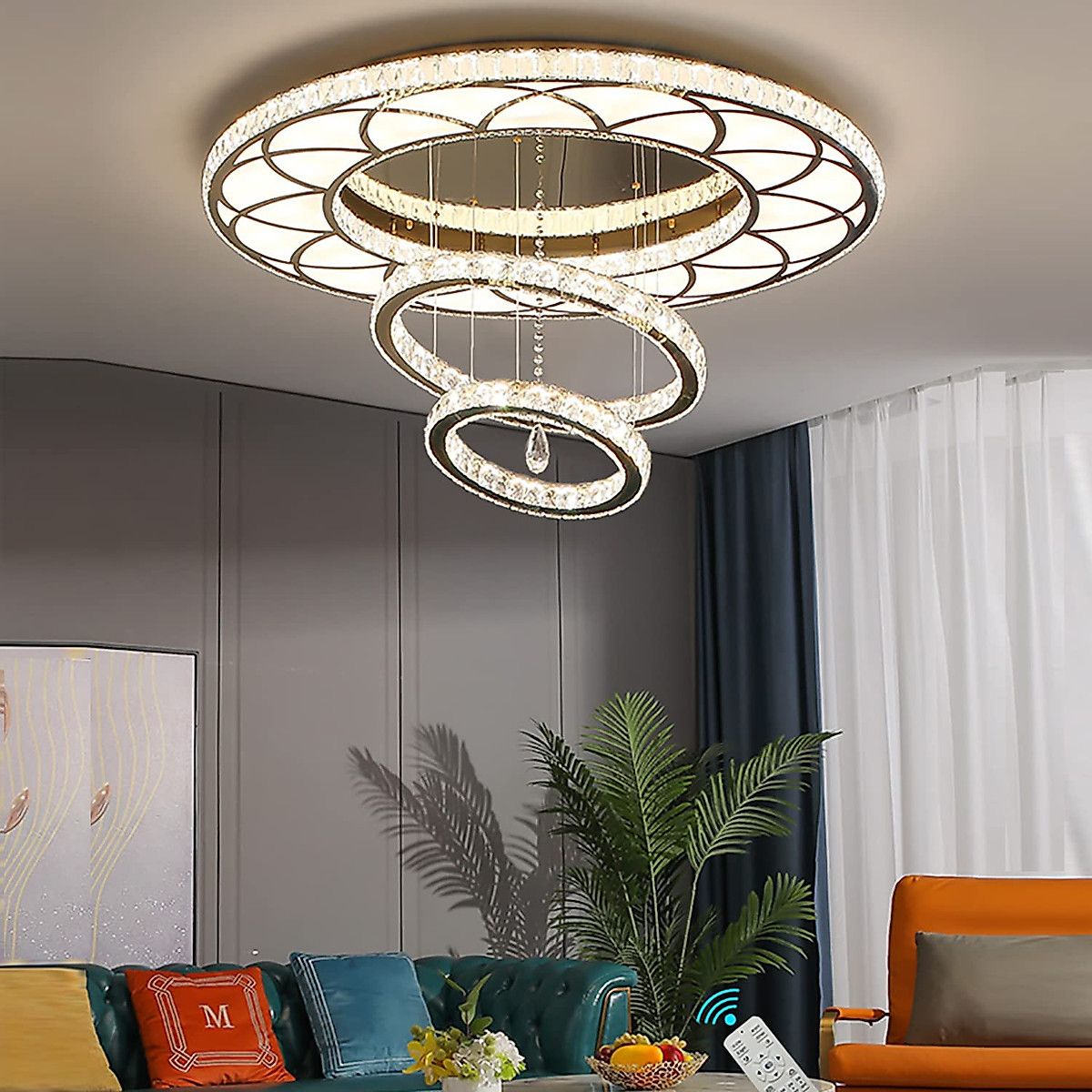 Flashing God W40inches Big Crystal Chandeliers Lampara De Sala Grande Moderna Flush Mount Large Pendant Chandeliers High Ceiling Chandelier for Living Room Dining Room Bedroom LED Dimmable 2700-6000k