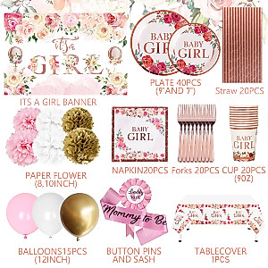 Baby Shower Decorations for Girl Pink and Rose Gold Floral Baby Shower Decor with It's A Girl Backdrop and Baby Girl Plates and Napkins for Sweet Baby Girl Shower Supplies Serves 20 Guests