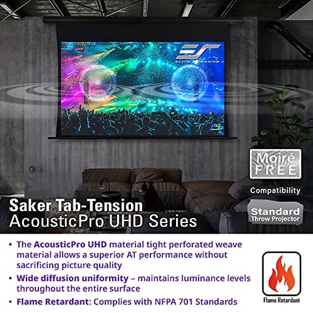 Elite Screens Saker Tab-Tension AcousticPro UHD Series, 100" Diagonal 16:9, 4K/8K Ultra HD Electric Sound Transparent Perforated Weave Drop Down Front Projector Screen, SKT100UH-E24-AUHD
