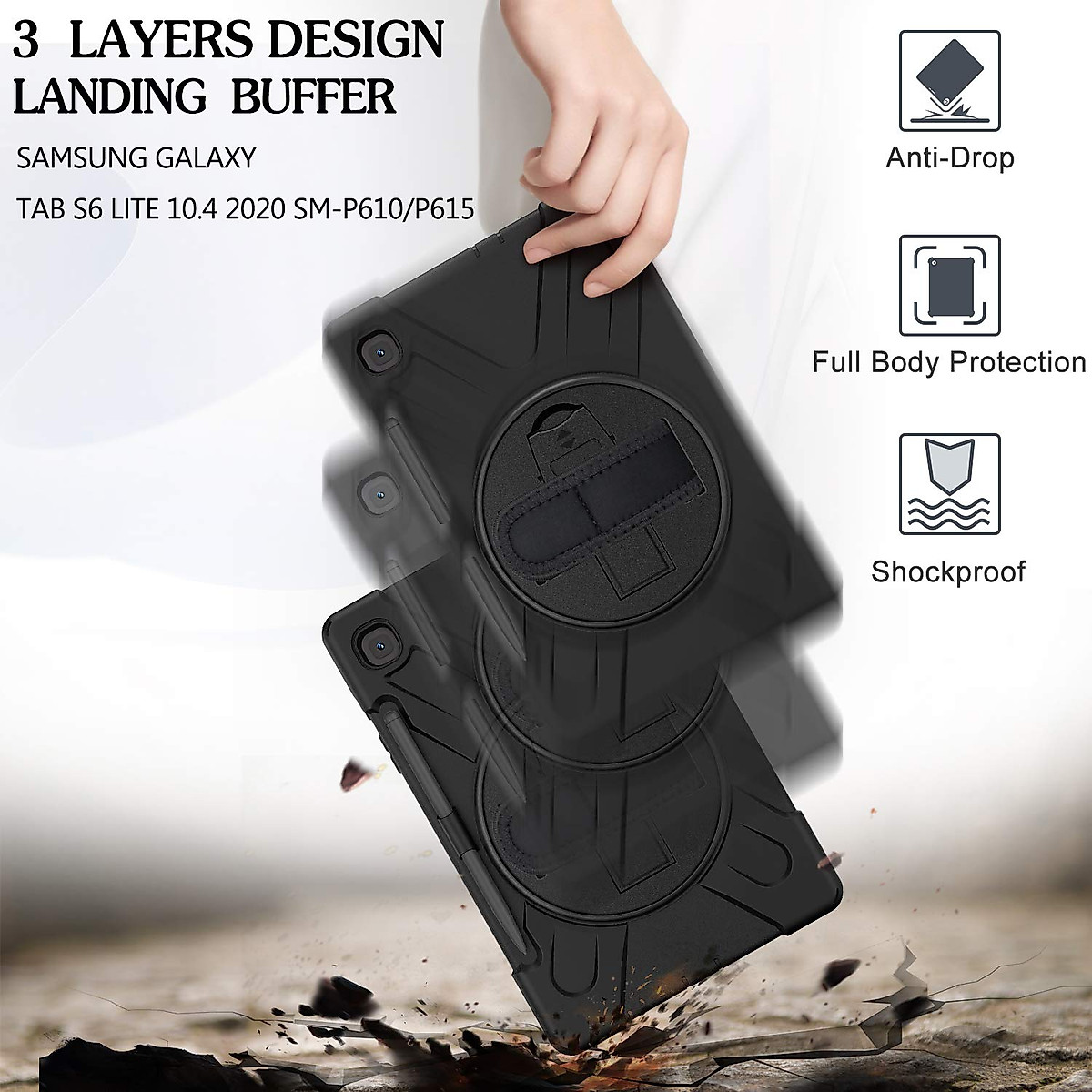 BRAECN for Galaxy Tab S6 Lite Case 2024/2020/2022,Heavy Duty Rugged Shockproof Case with Hand Strap, Shoulder Strap, Kickstand, S Pen Holder for Samsung Tab S6 Lite 10.4 Inch Tablet SM-P610 -Black