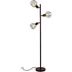 Brightech Robin LED Floor Lamp, Industrial Tree Lamp for Living Rooms & Offices, Tall Lamp with 3 Cages Heads & Vintage Edison Bulbs, Rustic Standing Lamp for Reading, and Tall Lamp for Crafts - Black