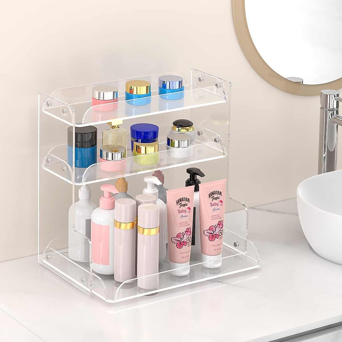 VAEHOLD 3-Tier Acrylic Bathroom Organizer - Vanity, Perfume, Spice Rack, Makeup Storage Shelf for Bathroom, Bedroom, Kitchen, Living Room, and Dressing Table