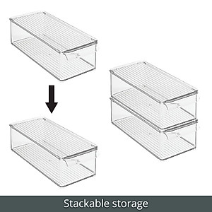 mDesign Slim Plastic Food Storage Container Bin with Lid and Front Handle for Kitchen, Pantry, Cabinet, Fridge and Freezer - Organizer for Snacks, Produce, Vegetables, Pasta, Drinks - 4 Pack, Clear