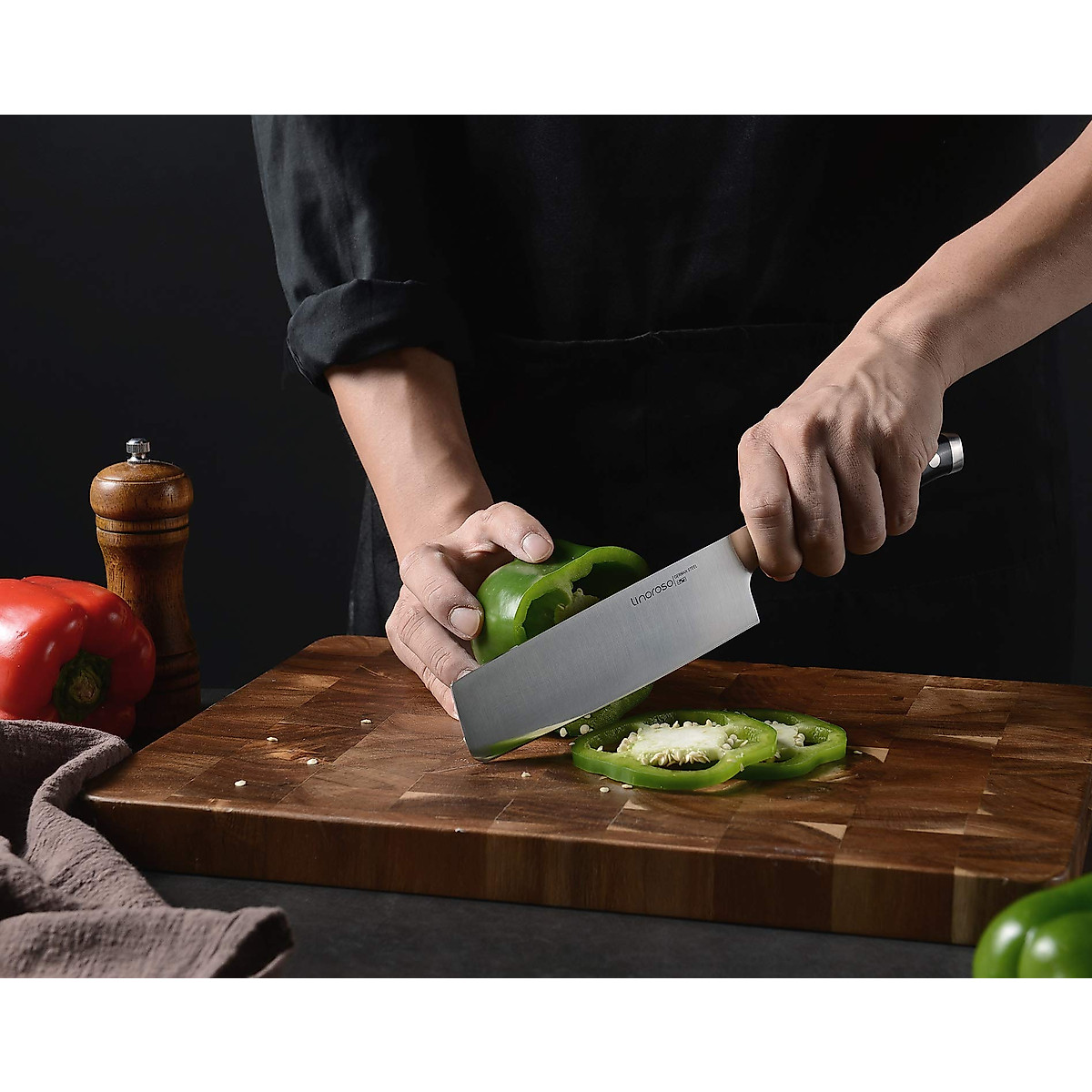 linoroso 4-Piece Classic Sharp German High Carbon Stainless Steel Chef Knife Set Kichen Knife Set, Includes 8'' Chef Knife, 7.5'' Chinese Cleaver, 7'' Nakiri Knife and 3.5'' Fruit Paring Knife