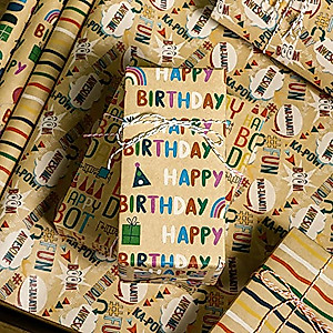 Packanewly Brithday Kraft Wrapping Paper Sheet - 6 Sheets Different Design Reversible Gift Brown Wrap Paper - 17.5 x 30 inches per Sheet