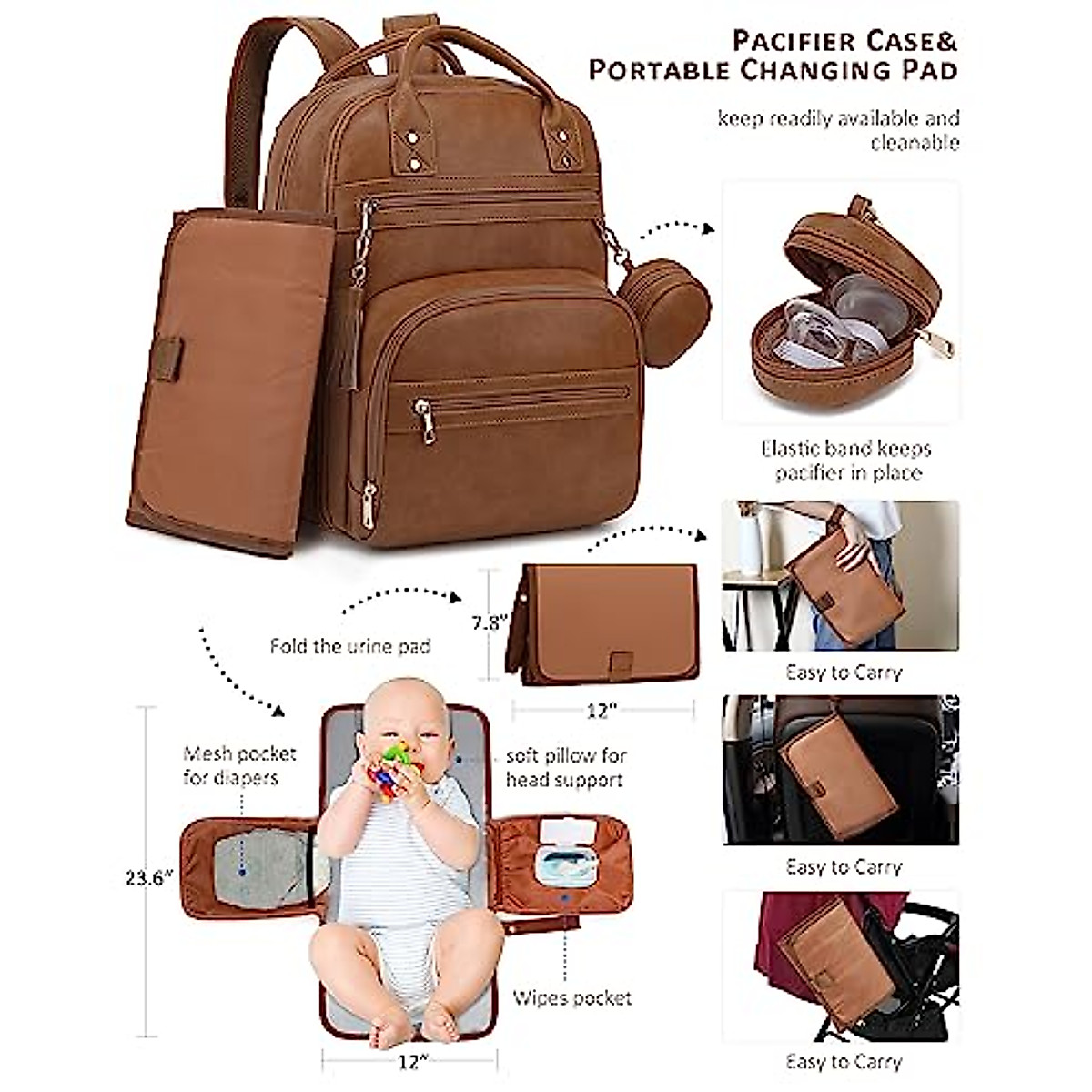 ROSEGIN Vegan Leather Diaper Bag Backpack with Changing Pad and Pacifier Holder, Multi-Functional Baby Bag for Boy Girl, Waterproof for Travel, Perfect Baby Shower Gifts for Mom, Dad, Newborn, Brown