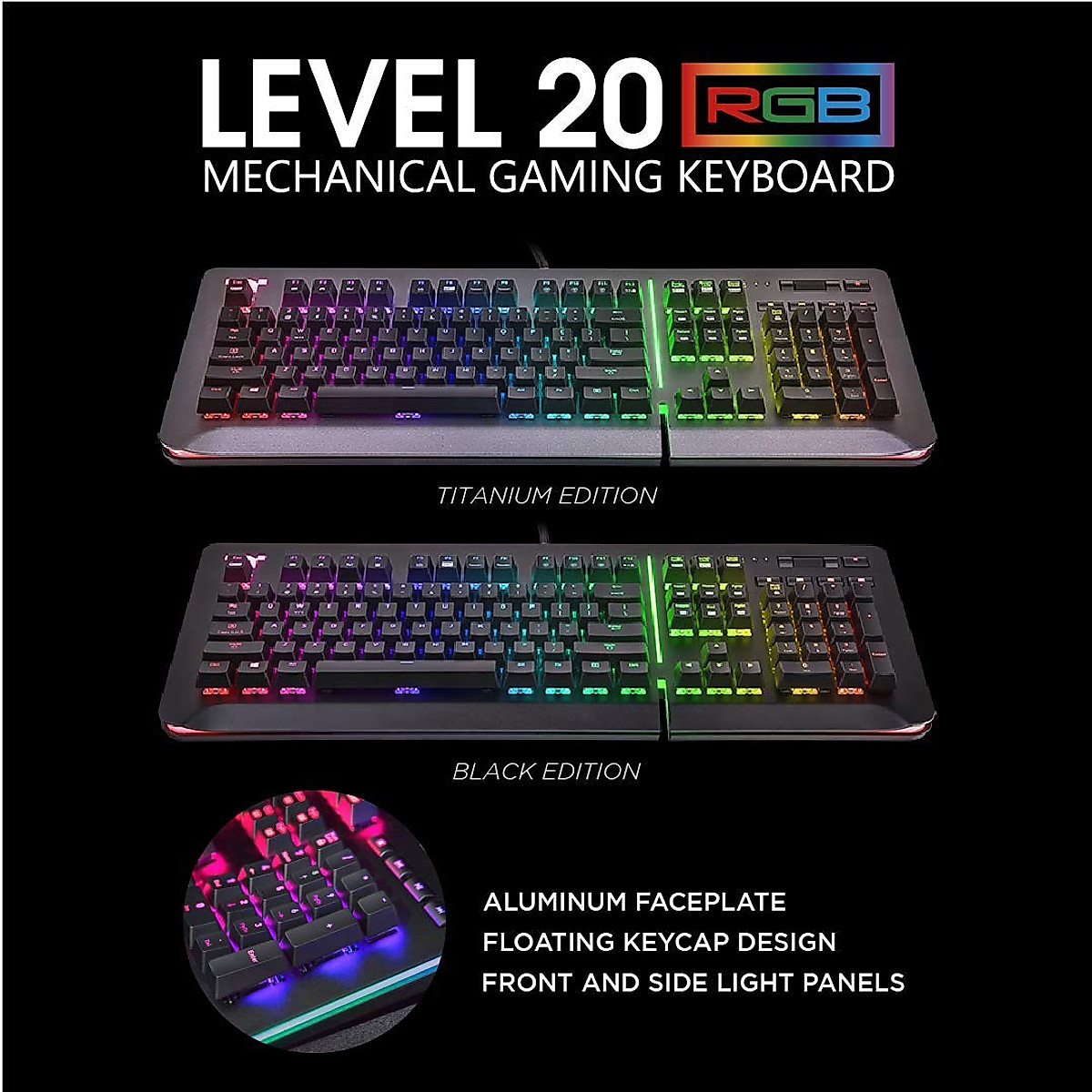 Thermaltake Level 20 RGB Black Aluminum Gaming Keyboard Razer Green Switches, 16.8M Color RGB, 32 Color Zone Options, Alexa Voice Control & Razer Chroma Sync Compatible, KB-LVT-RGBRUS-01