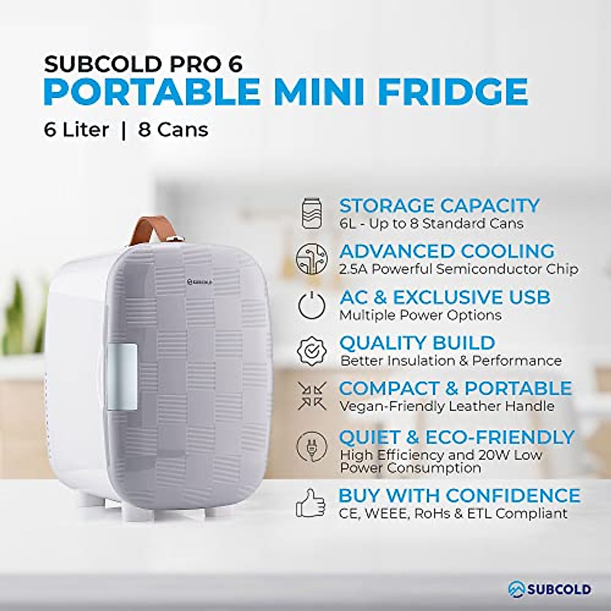 Subcold Pro6 Luxury Mini Fridge Cooler 6 Litre / 8 Cans AC & Exclusive USB Power Option Small Portable Fridge For The Office, Bedroom, Car, Skincare & Cosmetics Chequer Grey
