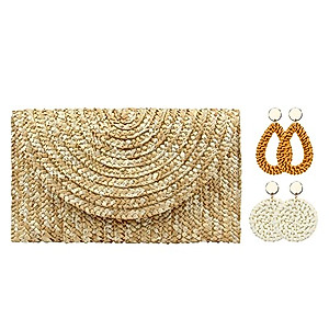 Freie Liebe Straw Clutch Bag for Women Summer Clutch Purses Beach Envelope Woven Handbags with 5PCS Earrings