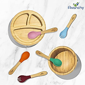 Avanchy Feeding Bamboo Silicone Baby Training Spoons with Plate and Bowl