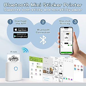 Gloryang Mini Printer, 2 Inch Bluetooth Pocket Printer Compatible with Android & iOS, Sticker Printer Maker for Study Notes, Portable Inkless Printer for Photos, DIY, Journals, White