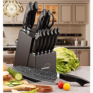 Knife Set, 15 Pieces Kitchen Knife Set with Built in Sharpener, High Carbon German Stainless Steel Knife Block Set, Dishwasher Safe