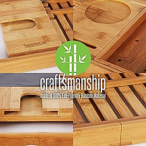 Adjustable Bamboo Bathtub Caddy Tray - Natural Wood Luxury Bath Tub Organizer w/ Wine Holder, Soap Dish, Cup Slot, Book Tablet Holder, and Phone Slot for Spa, Bathroom, Shower - SereneLife