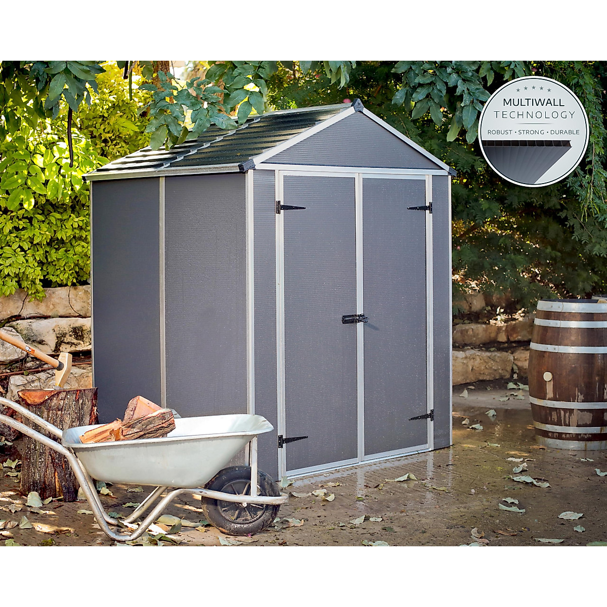 Palram - Canopia Rubicon Storage Shed, 6'x10' DIY Backyard Shed, Gray Polycarbonate Panels and Aluminum Frame, Sheds & Outdoor Storage for Lawn Mower, Bike, Garden Tools, Outdoor Storage Box Shed