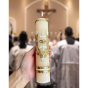 San Rafael Arcangel Wedding Candle with Two Doves Vela de Matrimonio con Los Simbolos Catolicos de la Paloma y las Arras de Casamiento 8 inch Cirio de Boda