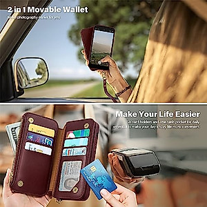 Antsturdy 2 in 1 Detachable for iPhone 13 Pro Wallet case with Magsafe,RFID Blocking Magnetic Wireless Charging PU Leather Phone case Flip Folio Cover Card Holder Wrist Strap Women Men,Wine Red