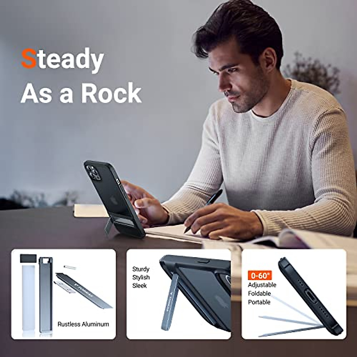 TORRAS MarsClimber Compatible for iPhone 13 Pro Case,[8FT Military-Grade Drop Tested] [3 Stand Ways Kickstand] Translucent Matte Hard PC Back with Soft Silicone Edge Slim Protective Guardian, Black