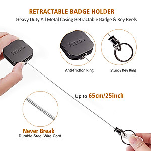 Badge Holder Reel Retractable, FEELSO Metal Heavy Duty Badge Holder with Belt Clip Key Ring and 6pcs Plastic ID Card Holders, Steel Wire Cord Up to 25 inch (2 Pack)