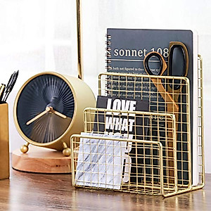 Geiornzer 3 Slots Letter Holder, Metal Multifunctional File Holder for Mails, Books, Brochures and Postcards, Desktop Office Organizer Decoration, 5.6” x 3.7” x 7.0” , Gold