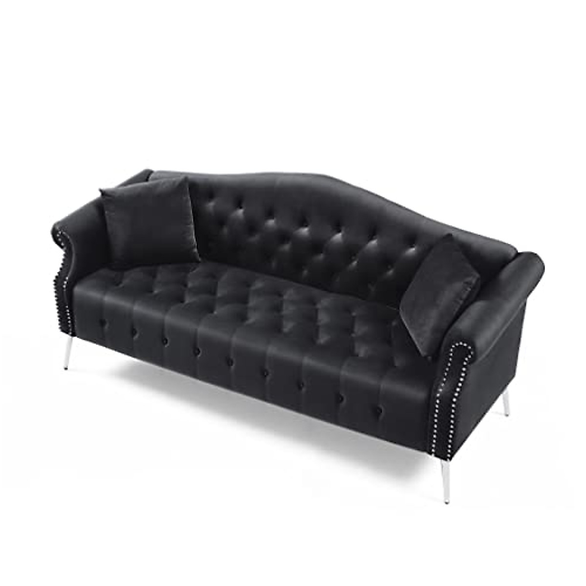 Lepfun Chesterfield Velvet Sofa Classic Loveseat Contemporary Upholstered Couch Button Tufted Nailhead Trimming Curved Backrest Rolled Arms with Silver Metal Legs Living Room,4 Pillows Included,Black