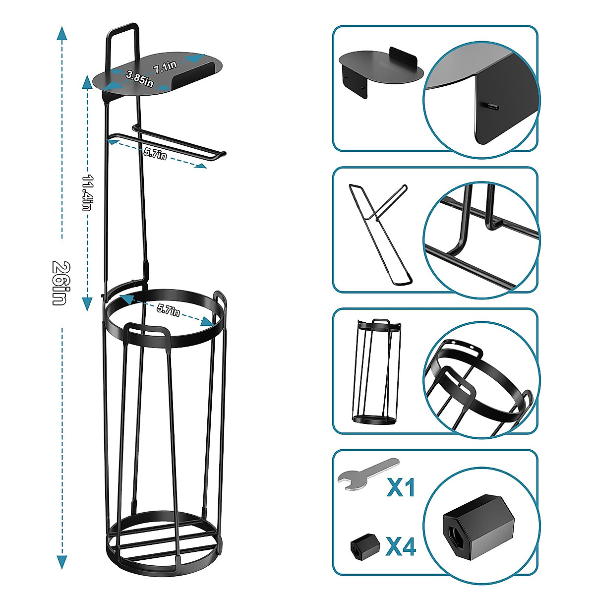 ROLABAM Heavy Weighted Toilet Paper Holder (with Reserve Function and Shelf) Free Standing Toilet Paper Storage，Spare Tissue Paper Roll Holder Storage Stand for Bathroom Total Height 26" ，Matte Black