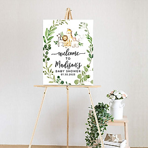 Andaz Press Custom Large Baby Shower Canvas Welcome Sign, 16 x 20 Inches, Baby Safari Animals Leaf Foliage, Guestbook Alternative, Personalized Sign Our Canvas, for Jungle Safari Baby Shower Theme