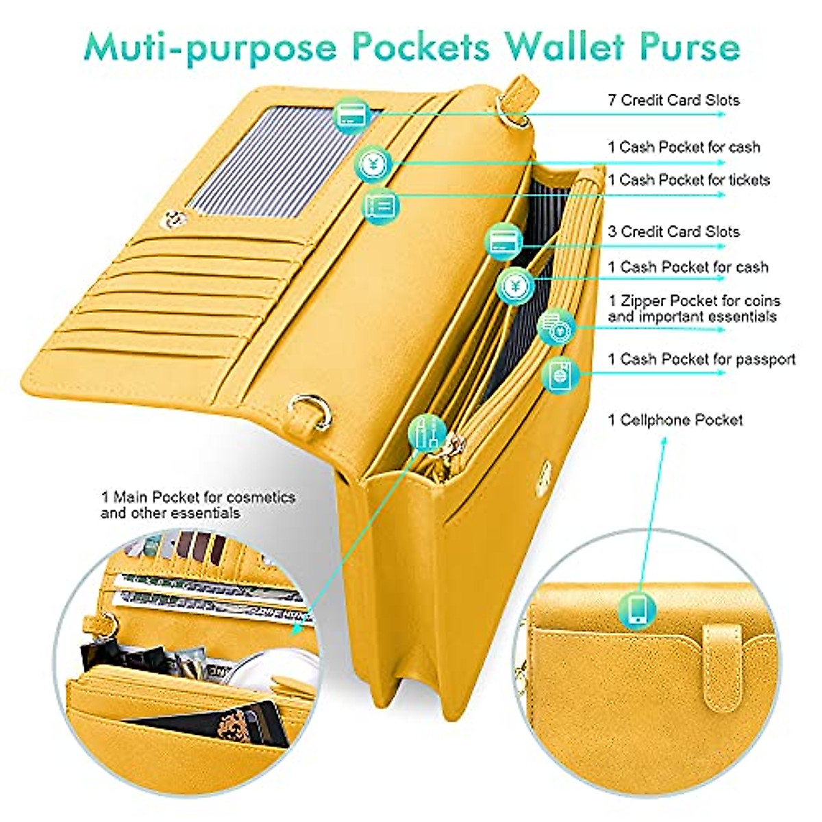 nuoku Women Small Crossbody Bag Cellphone Purse Wallet with RFID Card Slots 2 Straps Wristlet, E- Yellow