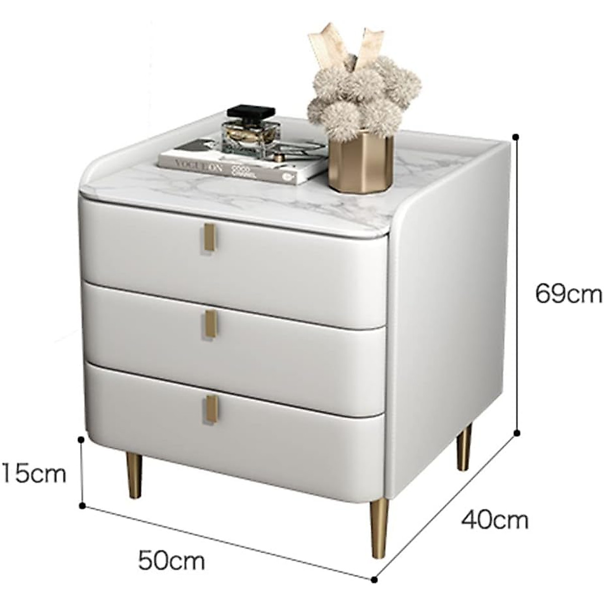 Bedside Table Mid-Century Modern Nightstand Faux Leather Bedside Table W/Marble Pattern Sintered Stone Top Side Table Wood 3 Drawer Bedroom Cabinet Chest of Drawers (Color : Black, Size : 50X40X69cm