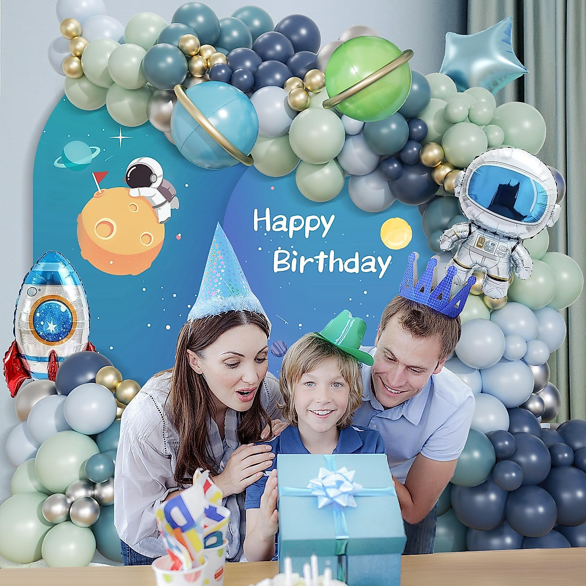 167pcs Space Balloons Arch Kit, Outer Space Party Decorations with Space Astronaut Rocket Blue Green Balloons Space Themed Birthday Party Baby Shower