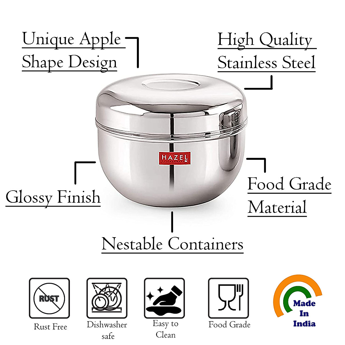 HAZEL Stainless Steel Container Set - 650 Ml, 3 Pieces, Silver