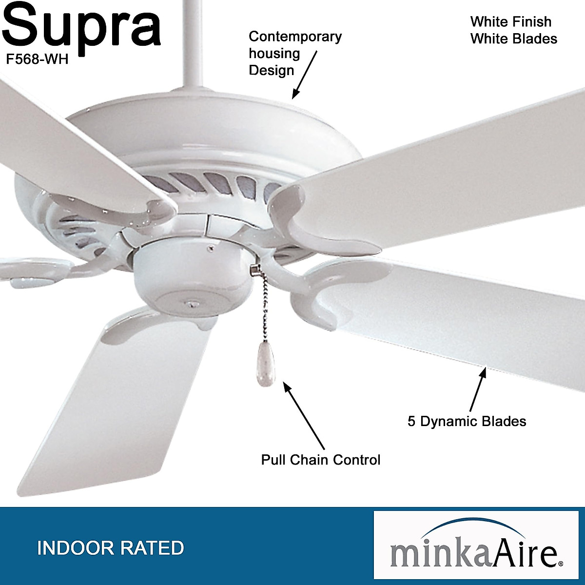Minka-Aire F568-WH Supra 52 Inch Pull Chain Ceiling Fan in White Finish