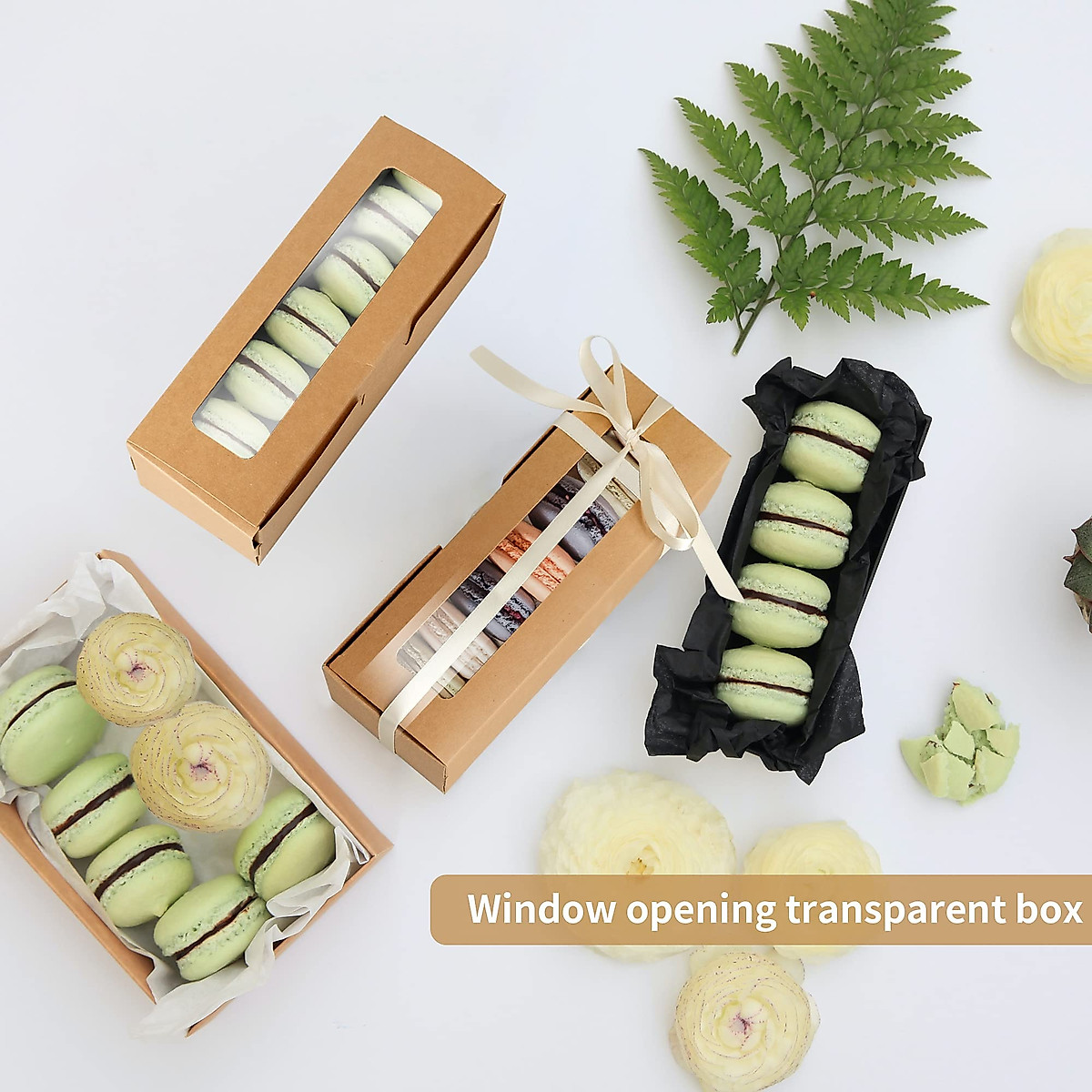 KEJJNYER 50 Pack Kraft Mcaron Boxes for 6, 8x3x2 in Chocolate Covered Strawberry Boxes with Window Mcaron Bakery Cookie Containers for Party Wedding with Ribbon