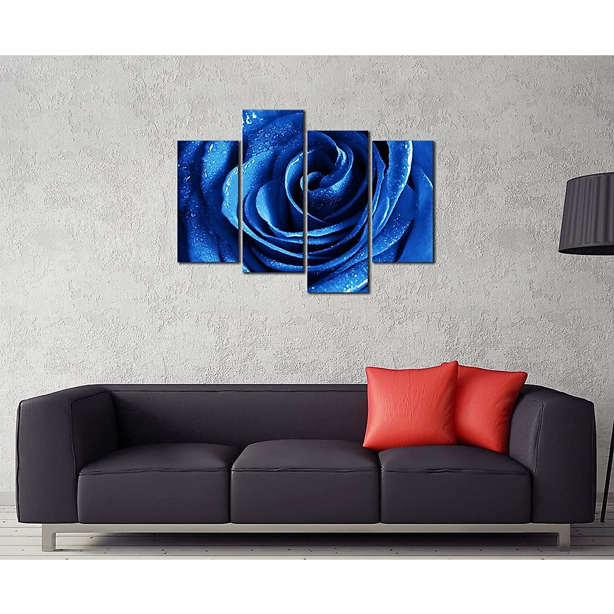 Wieco Art Blue Rose with Dew Canvas Wall Art Abstract Romantic Flower Pictures Paintings Wall Art for Living Room Bedroom Decorations Wall Decor Large 4 Panels Modern Canvas Prints Artwork