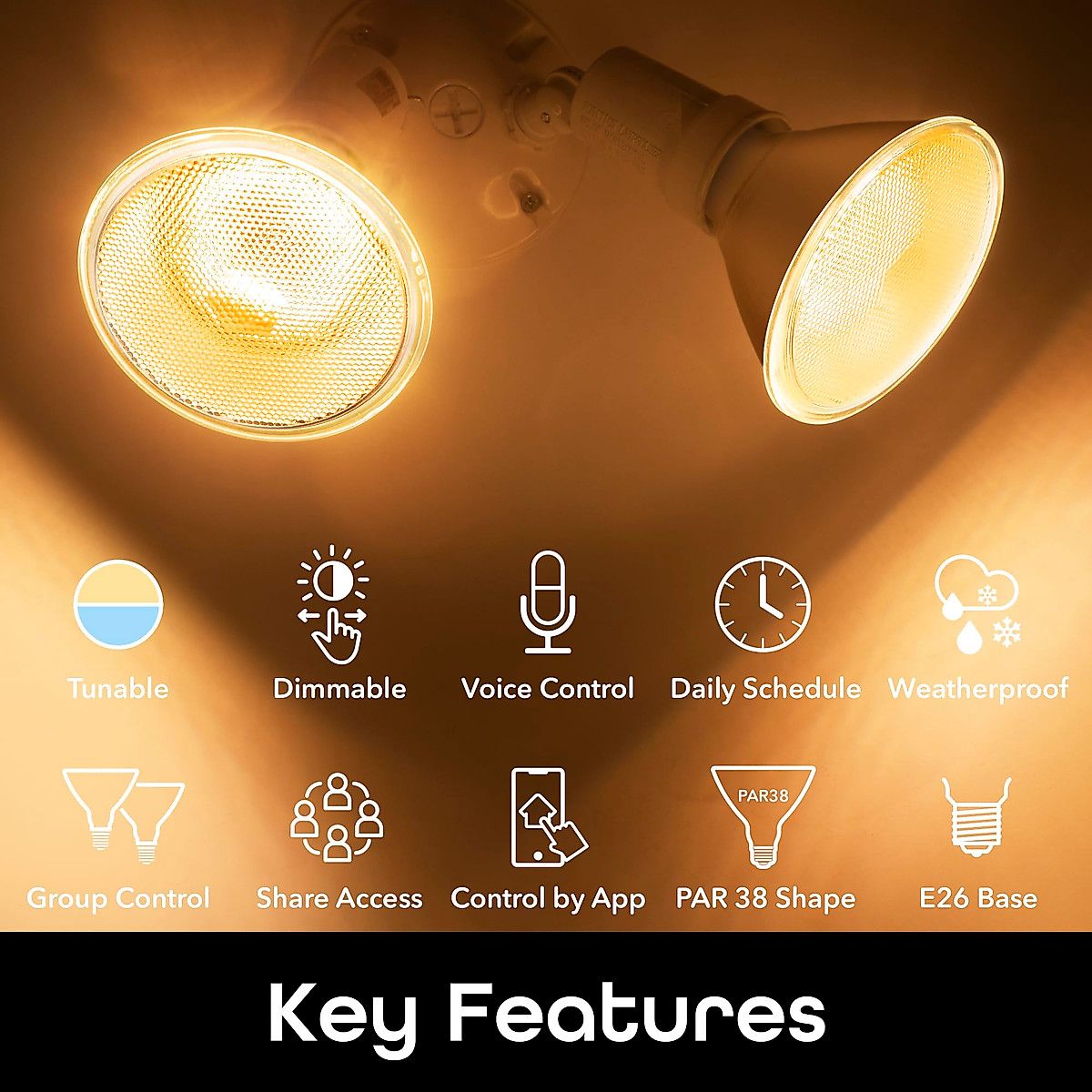 Geeni LUX Smart Floodlight, White – Outdoor 2700K-6500K Dimmable LED Bulb, E26, PAR38, 11W, 1000 Lumens – No Hub Needed - Compatible with Alexa, Google Home, Requires 2.4 GHz WiFi, 2 Pack