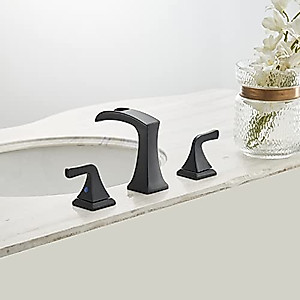 Bathfinesse 3 Hole Widespread Bathroom Faucet Two Handle 8 Inch Matte Black Bathroom Sink Faucets & Parts with Pop Up Drain Assembly Deck Mount Lacquer Vanity Stylish Modern Supply Hose Lead-Free