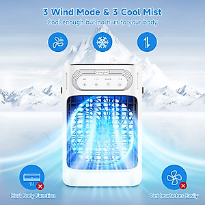 Portable Air Conditioners, TIOKVIOP Evaporative Air Cooler [Upgraded 10W & 3 Cool Mist] 3 in 1, 3 Wind Speed & 7 LED Light, 3 Cool Mist & 2-8H Timer Cold AC, Personal Mini Air Cooling Fan for Room