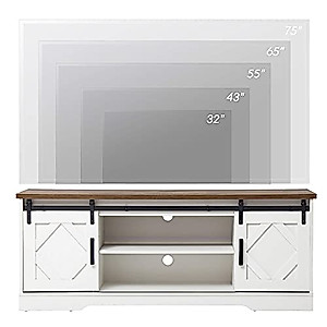 WAMPAT Farmhouse Sliding Barn Door TV Stand for TVs Up to 65 inch, Modern Storage Entertainment Center, Wood Media Console Table Cabinet 3-Level Adjustable Shelf for Living Room, White/Oak